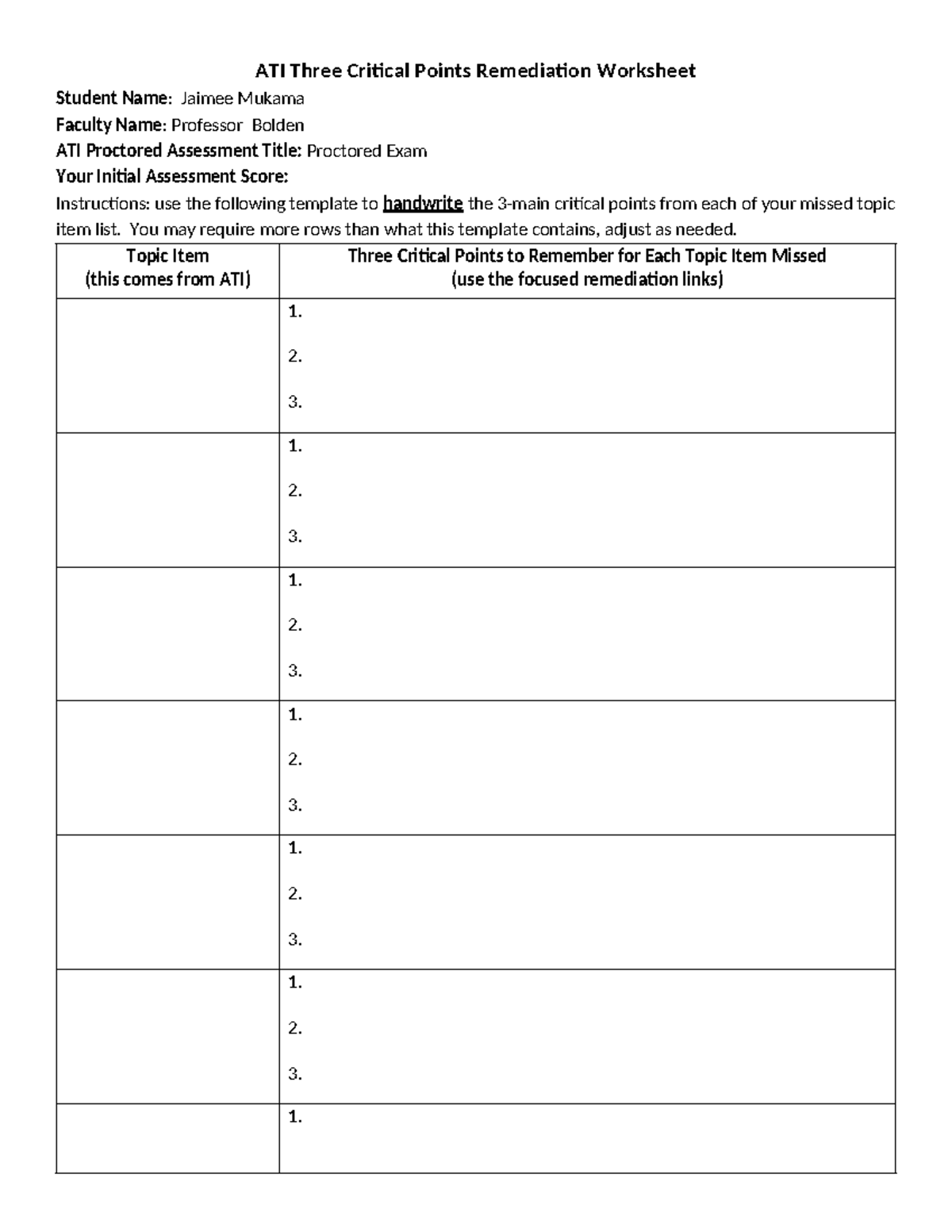 ATI Proctored Exam Critical Points Remediation Worksheet - Studocu