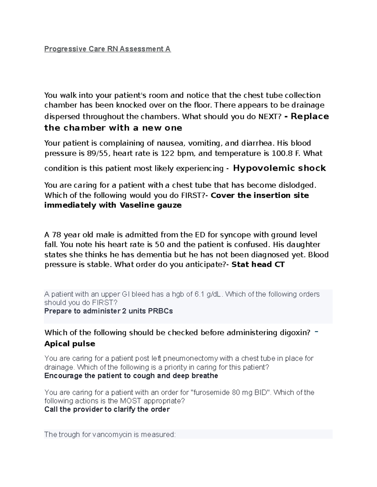 Progressive Care RN Assessment A: Key Case Scenarios and Interventions ...