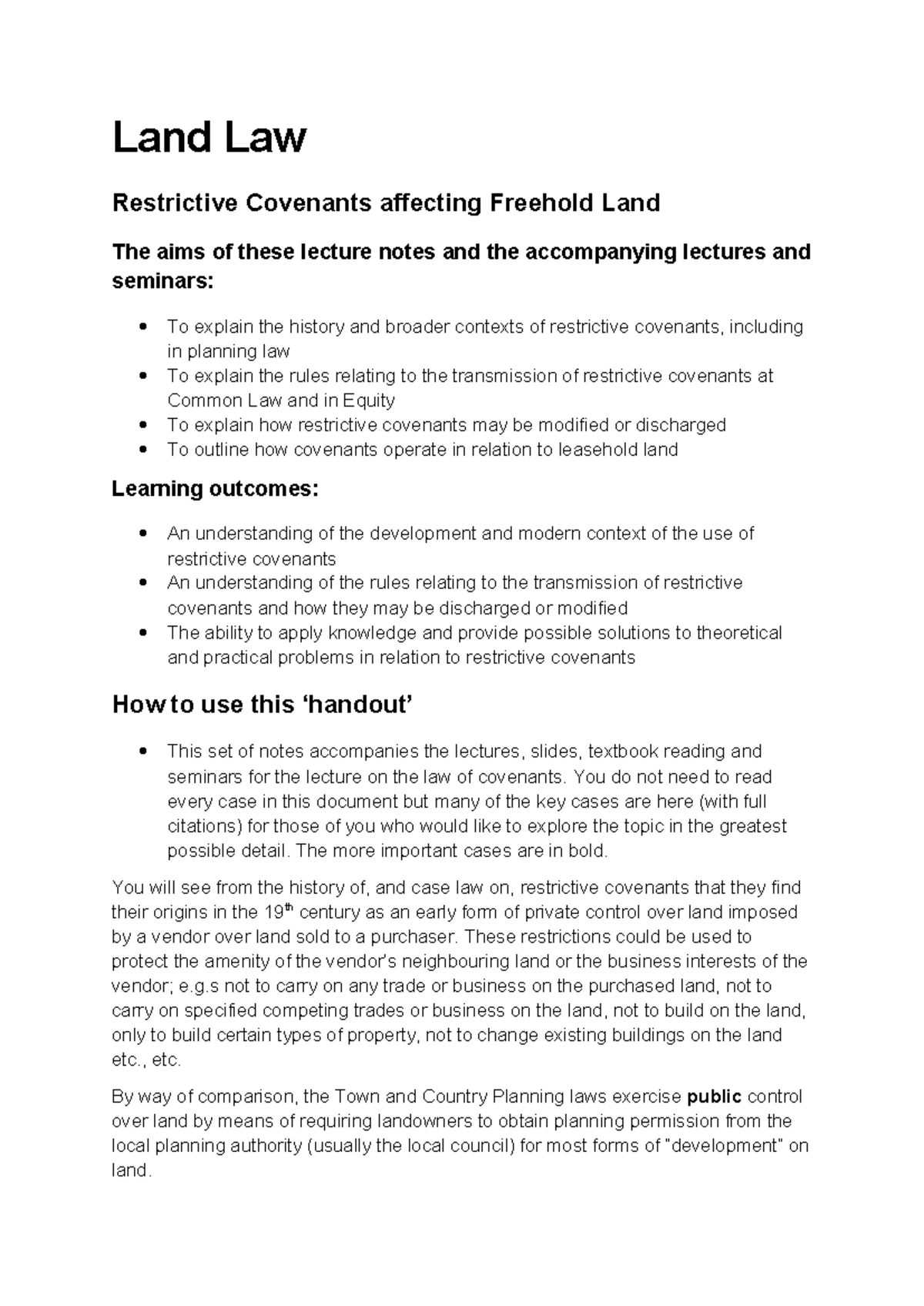 Restrictive Covenants in Land Law: Lecture Notes 2025 - Studocu