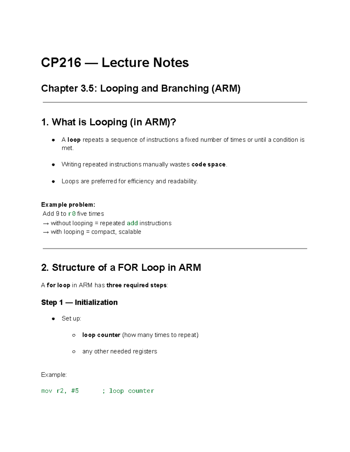 CP216 Lecture Notes: Chapter 3.5 - Looping & Branching in ARM - Studocu
