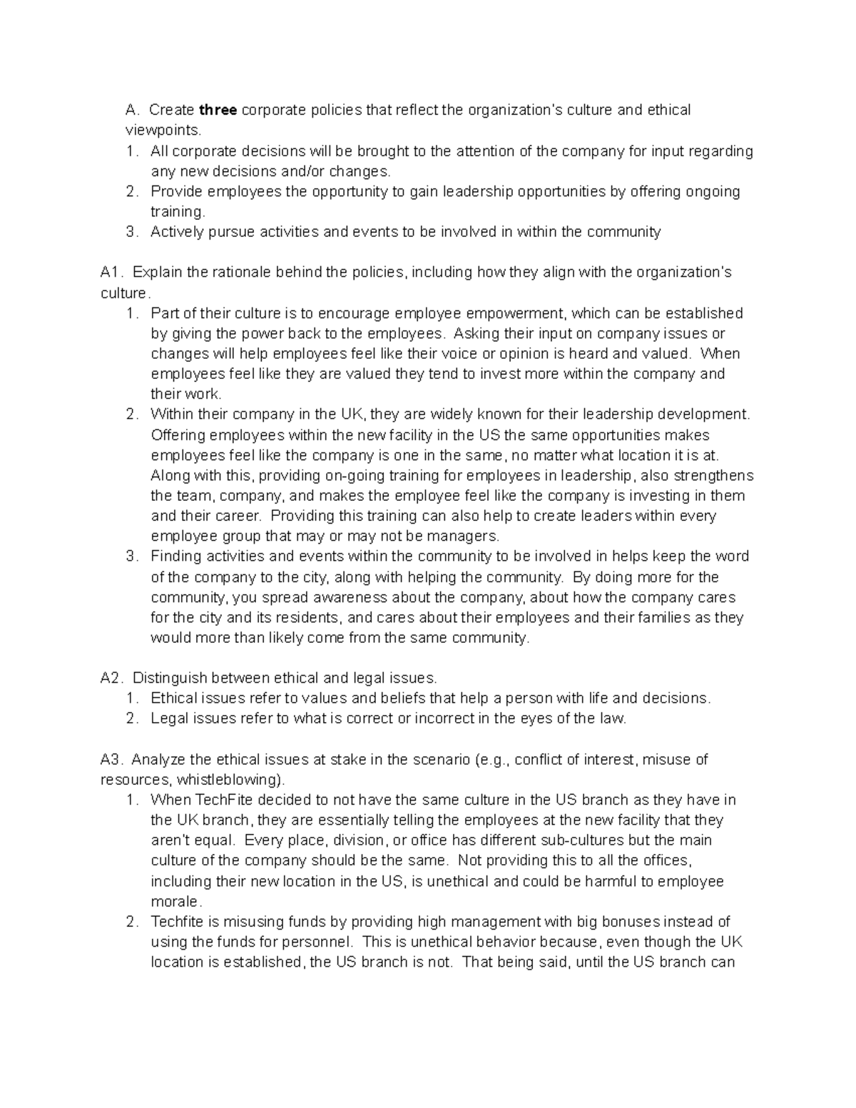 Task 1 - Task 1 - Business Ethics - Passed - A. Create three corporate ...