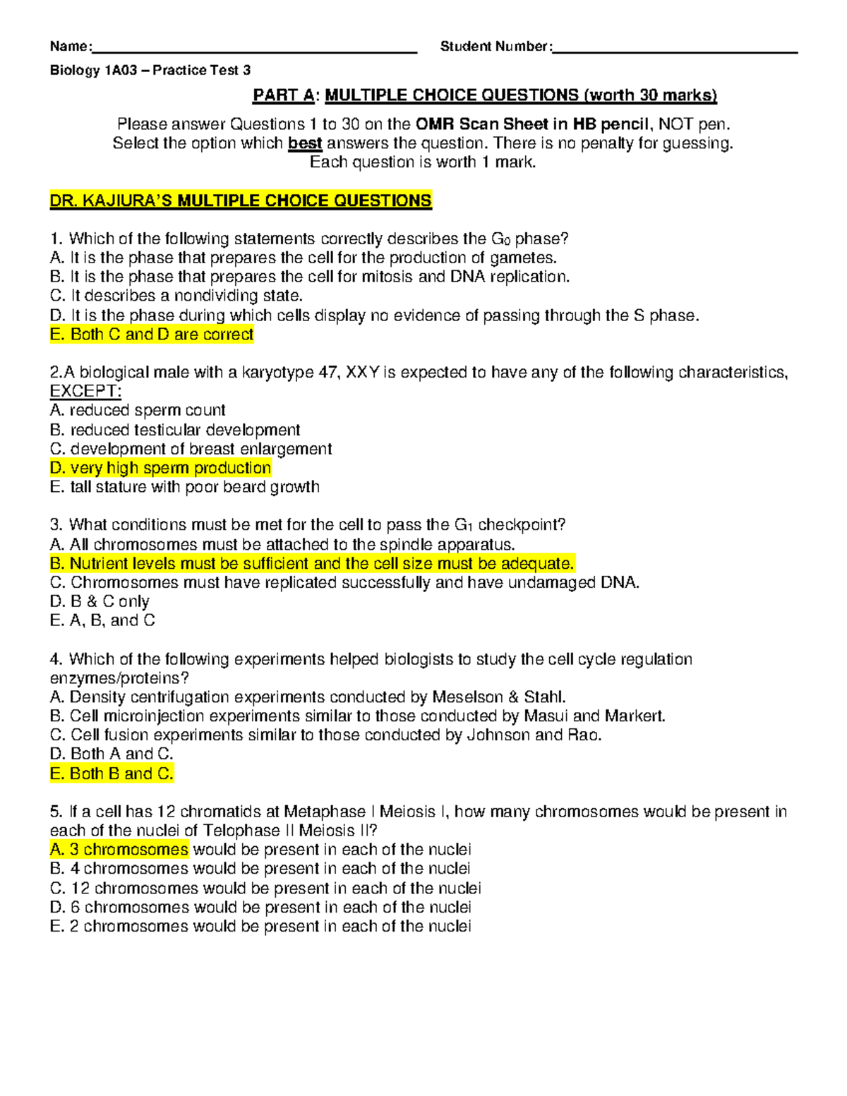 Biology 1A03 - Practice Test 3 Questions & Answers (Winter 2020) - Studocu