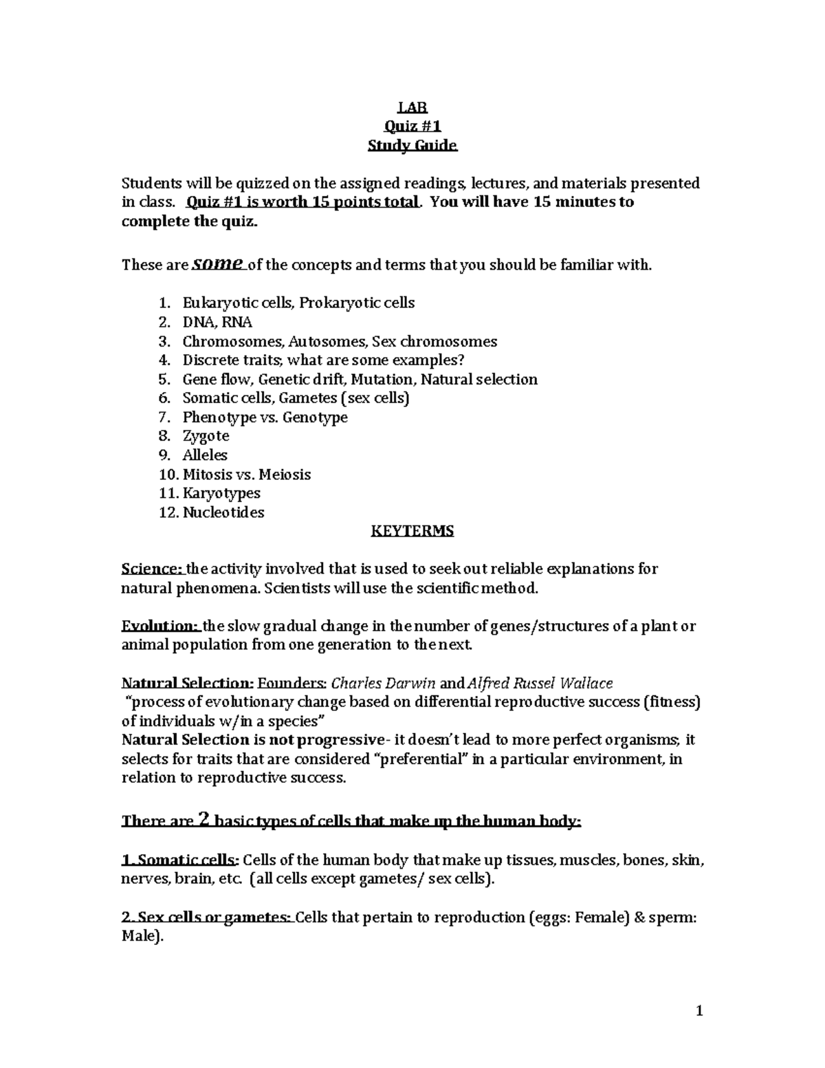 BIO 101: Quiz #1 Study Guide on Cell Types & Genetics - Studocu