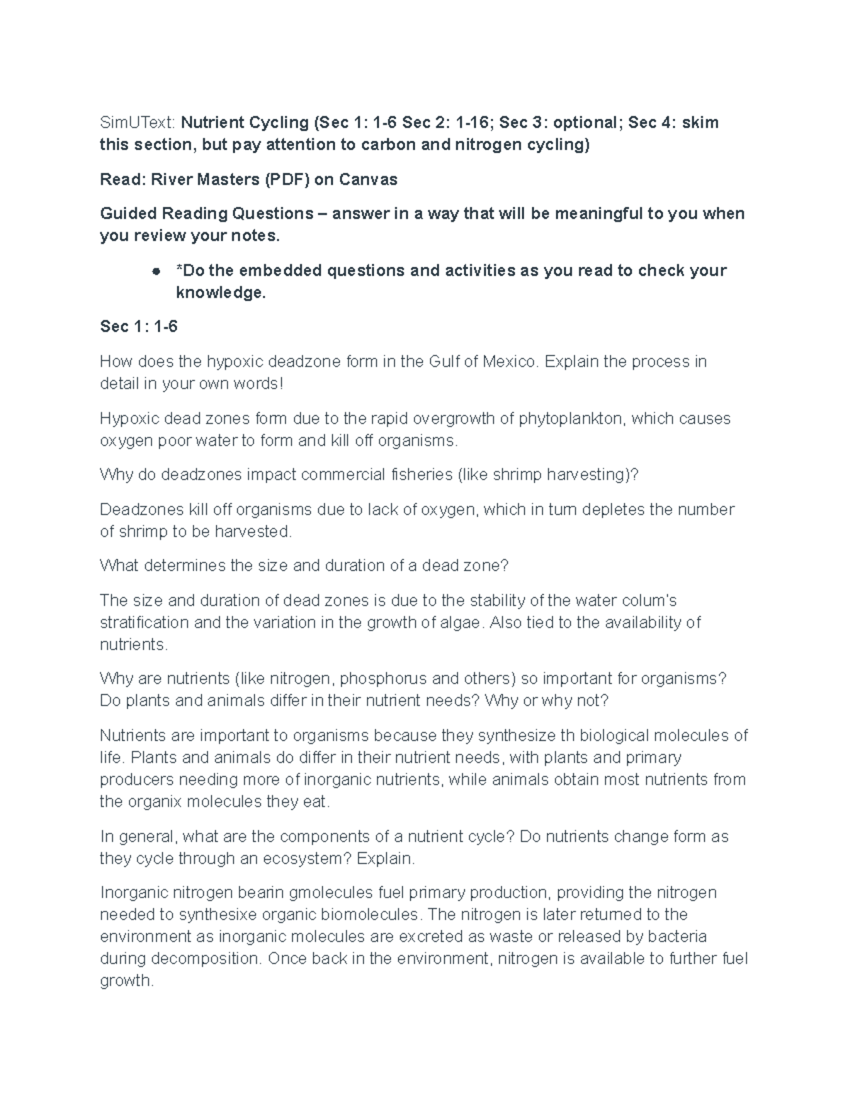 BIO 104 - Lesson 6 Guided Reading Questions on Nutrient Cycling - Studocu