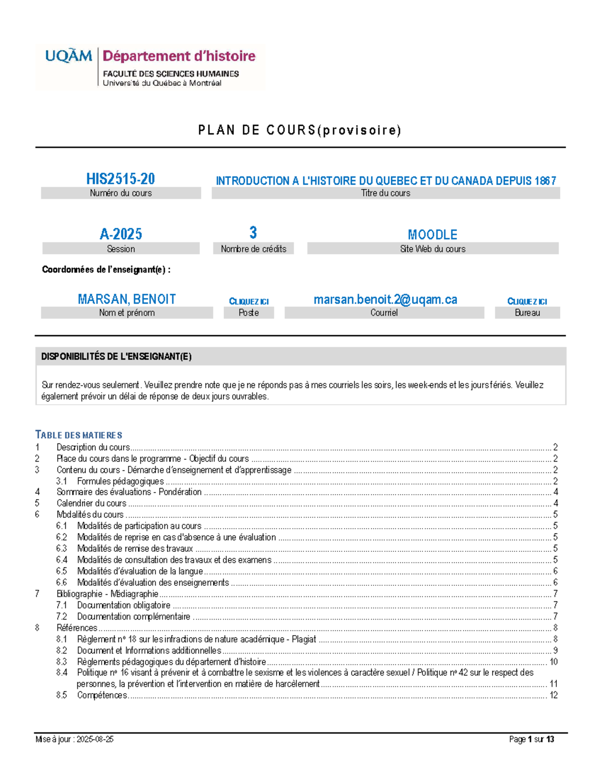 HIS2515-20: Plan de Cours Provisoire - Introduction au Québec et Canada - Studocu