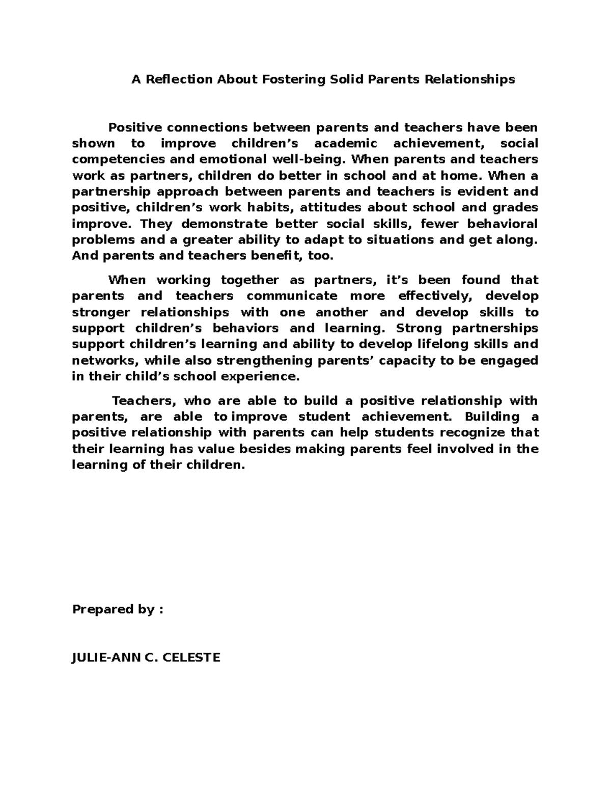 Reflection about Fostering Solid Parents Relationship - A Reflection ...