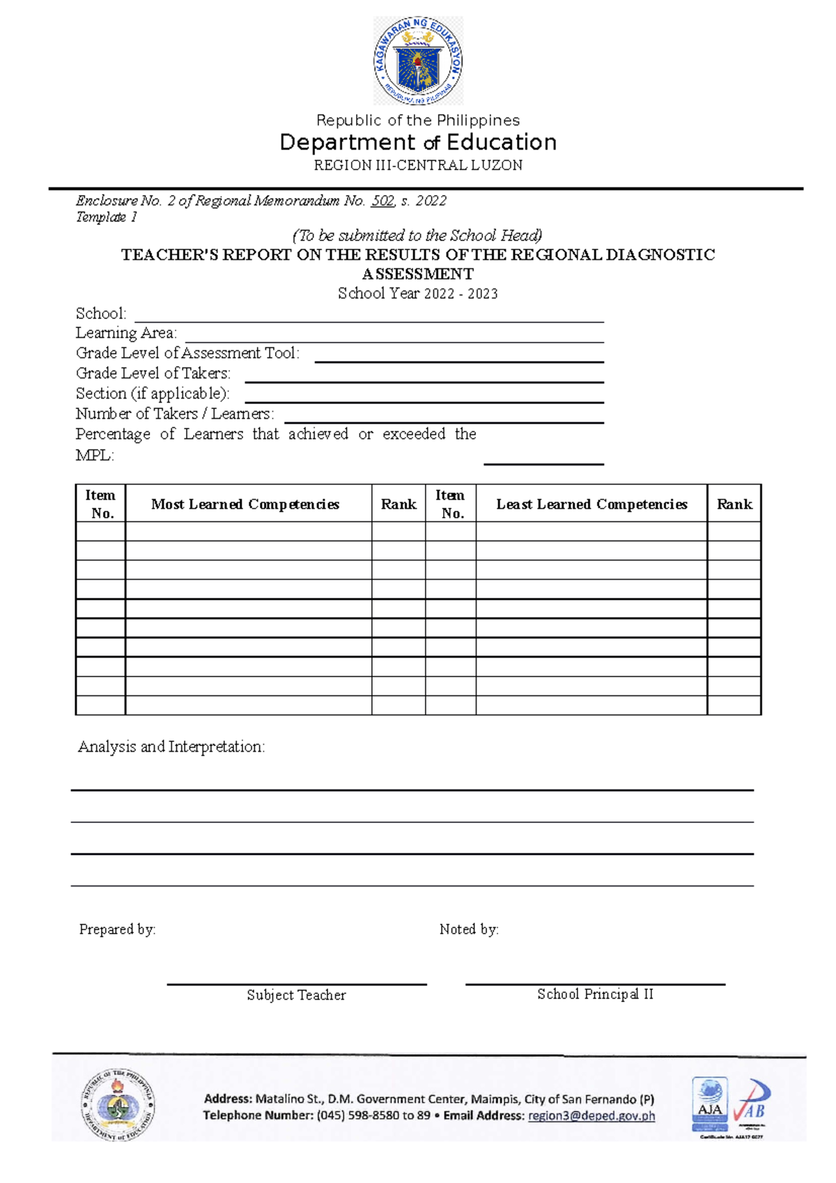 Regional Diagnostic Assessment Results Template (SY 2022-2023) - Studocu