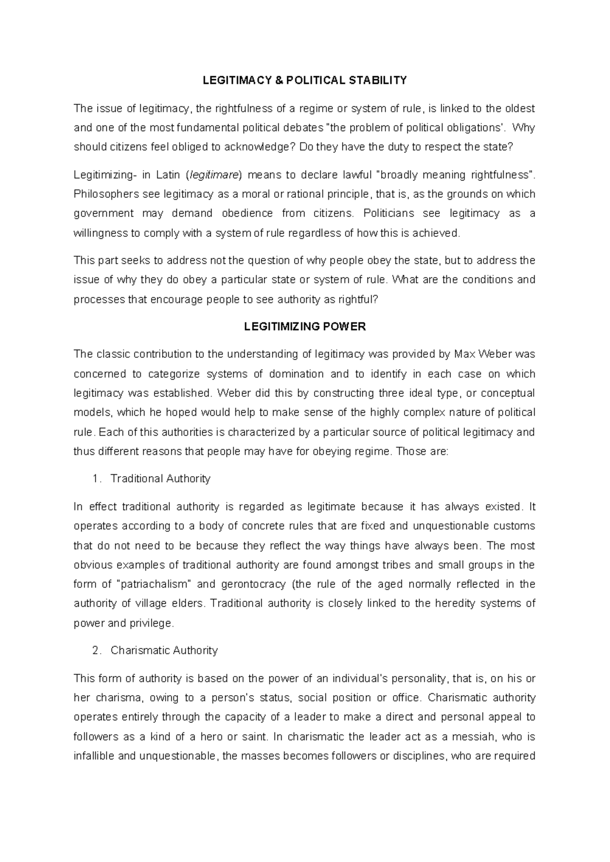 Legitimacy and Political Stability: Analyzing Party Systems - Studocu