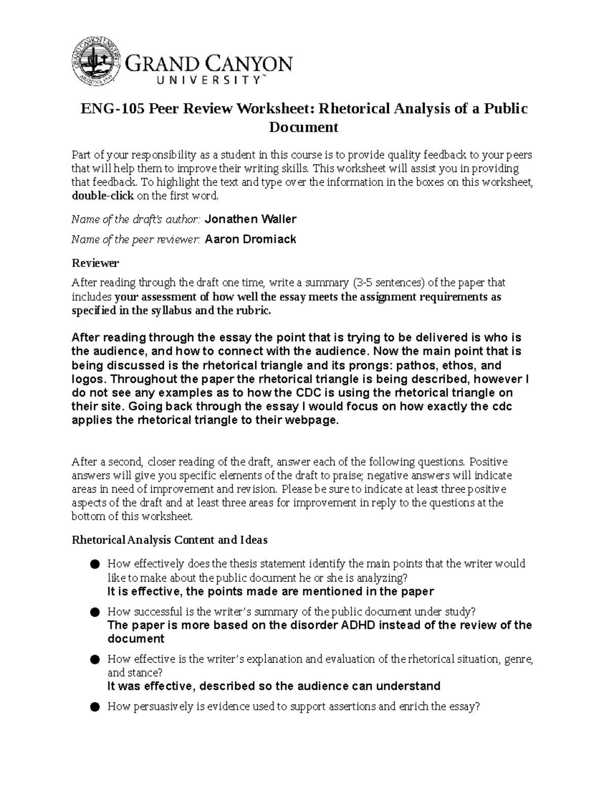 ENG105 Rhetorical Analysis Peer Review Worksheet ONL - ENG-105 Peer ...
