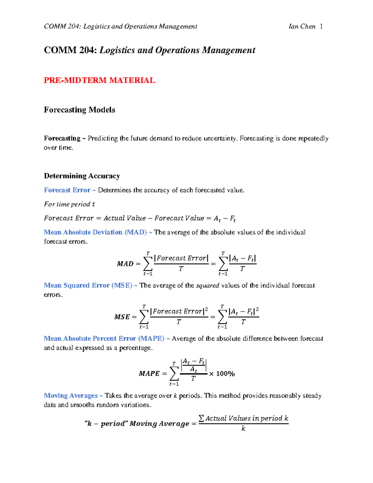 COMM 204 Logistics & Operations Management Final Exam Notes - Studocu