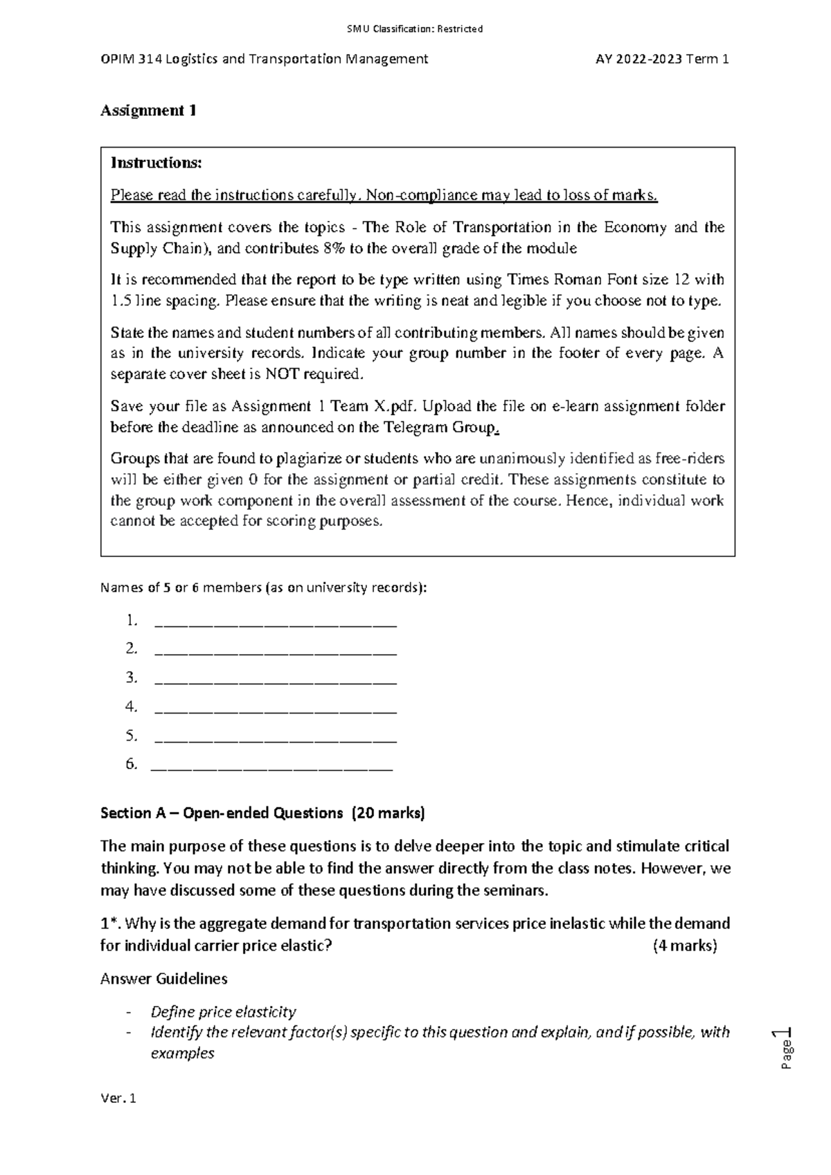 Assignment 1 - OPIM 314: The Role of Transportation in Logistics ...