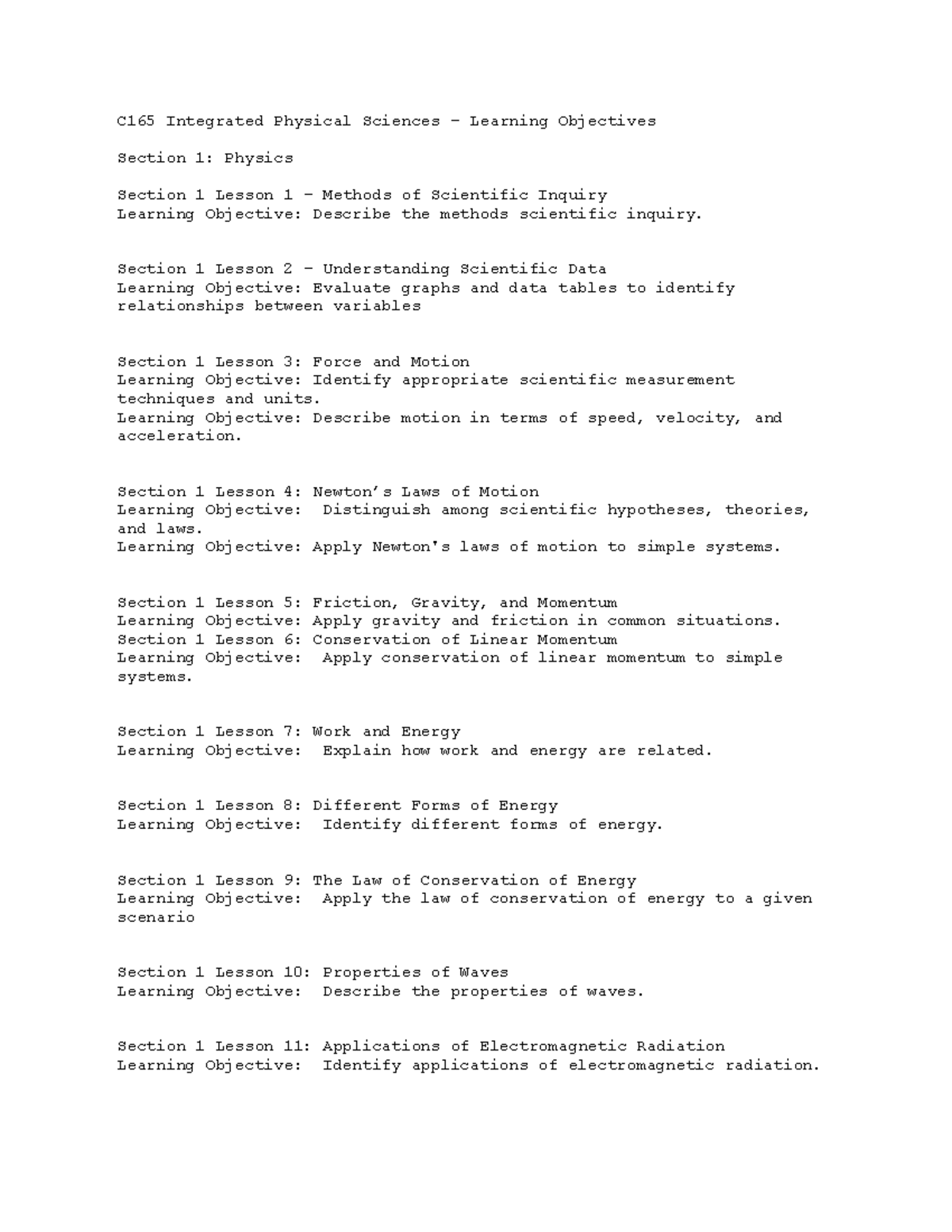 C165 Integrated Physical Sciences – Section Review & Learning Goals ...