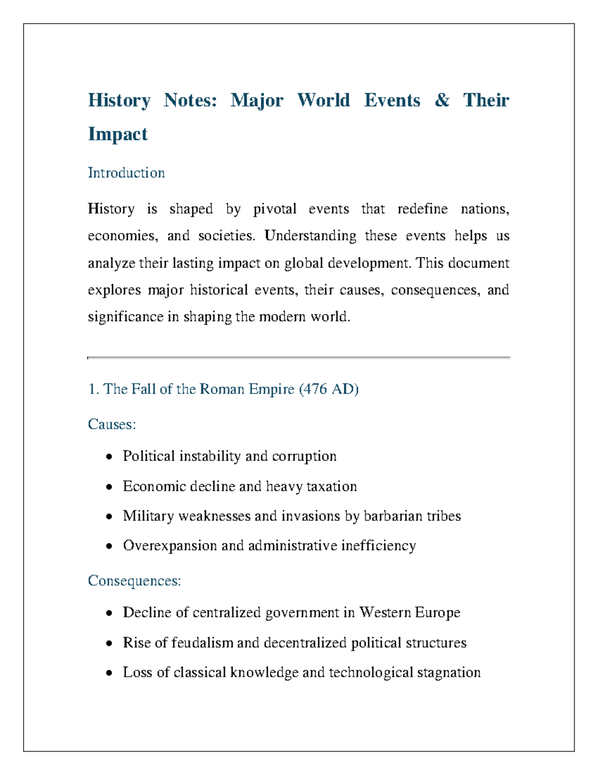 History Notes: Major World Events & Their Lasting Impact - Studocu
