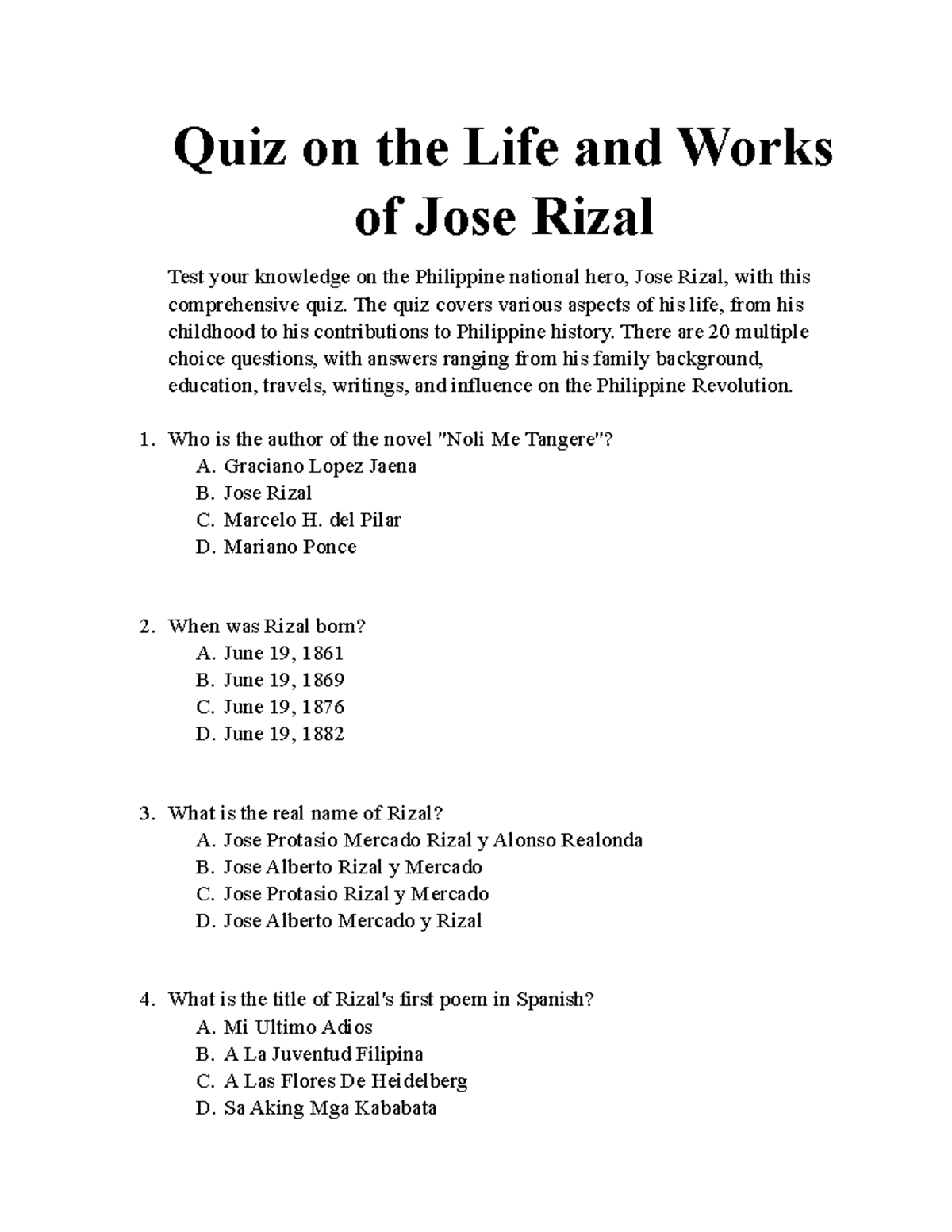Quiz on the Life and Works of Jose Rizal - Quiz on the Life and Works ...