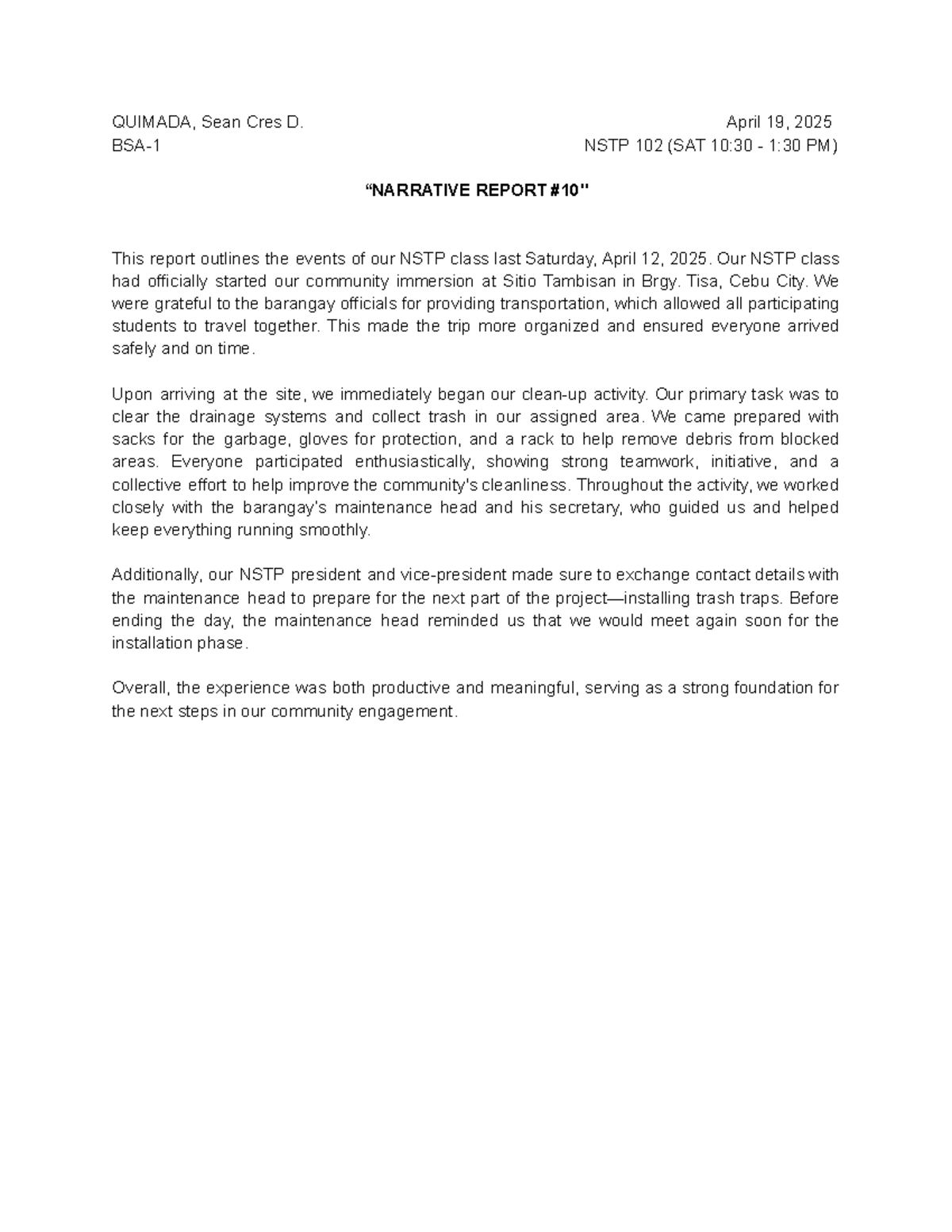 NSTP 102 Community Immersion Report - April 12, 2025 - Studocu
