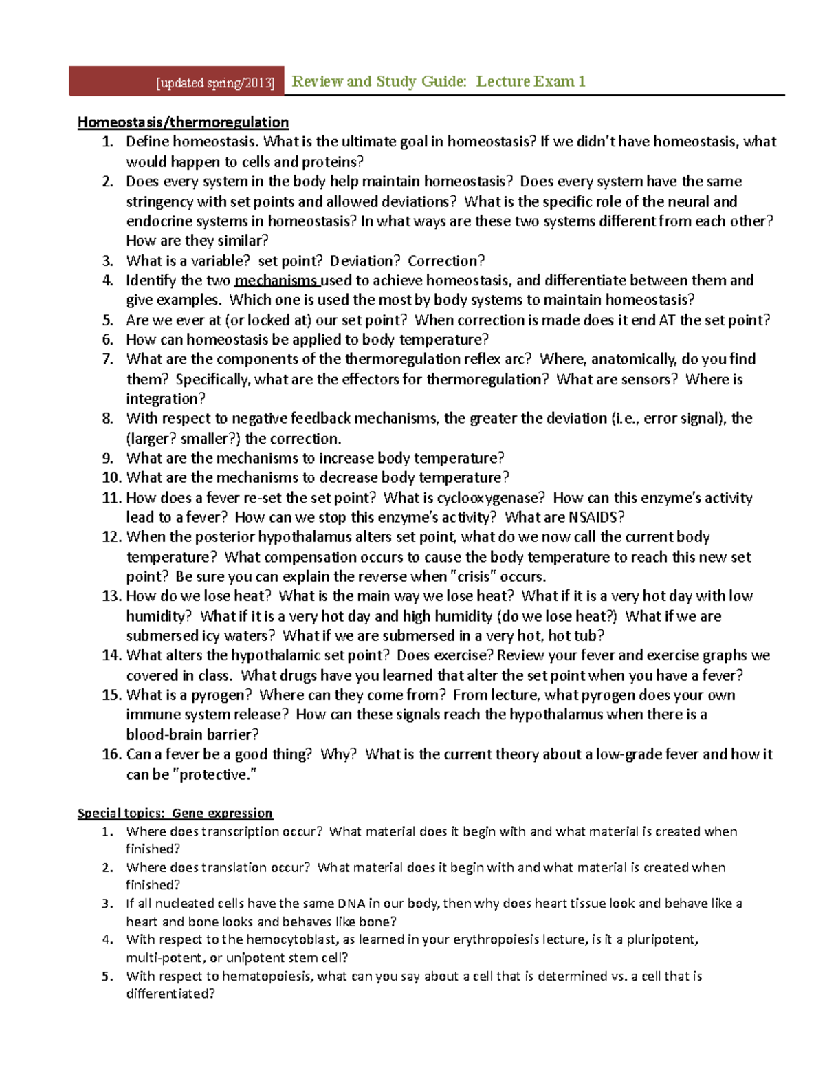 Lecture Exam 1 - Comprehensive Review on Homeostasis and Body Systems ...