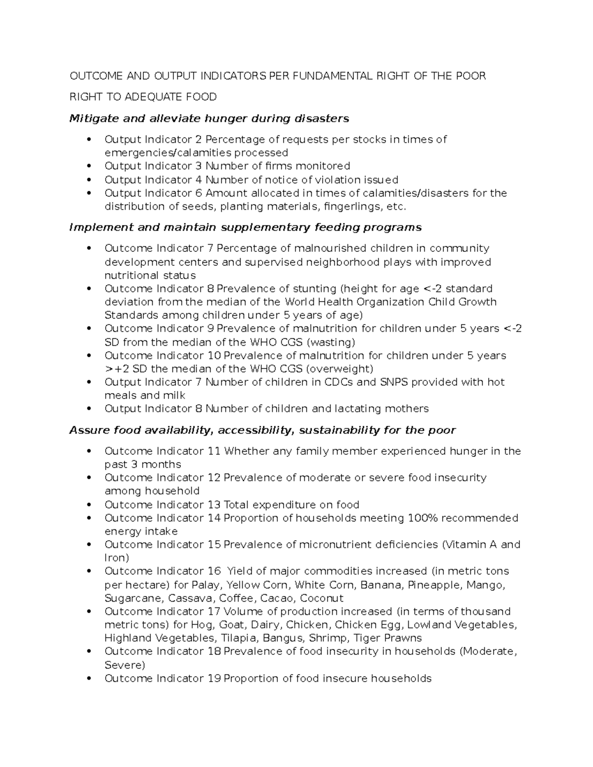Outcome and Output Indicators for the Right to Adequate Food - Studocu