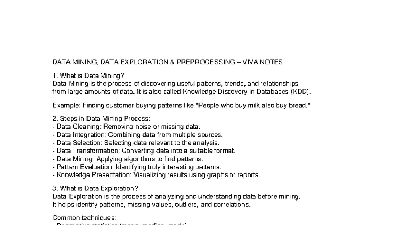DATA MINING & EXPLORATION PREPROCESSING VIVA NOTES - Studocu