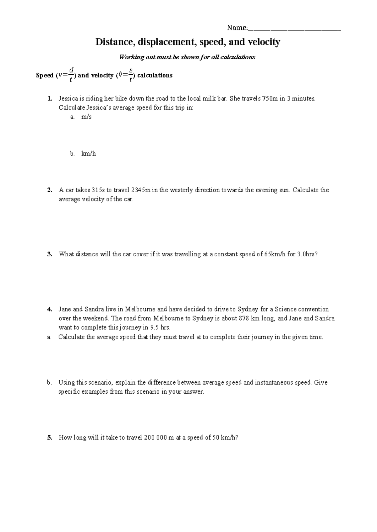 02 Speed and Velocity Worksheet: Calculations and Concepts - Studocu