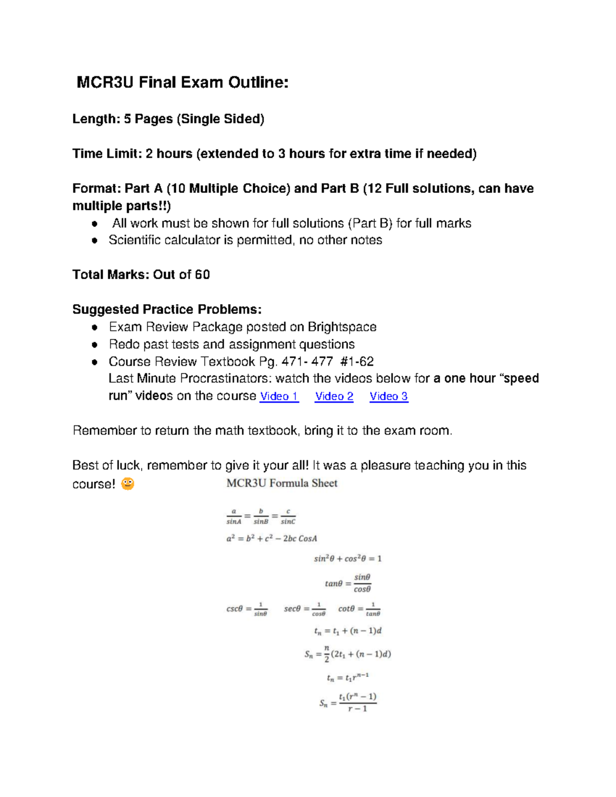 MCR3U Final Exam Outline - S2 2024 Study Guide and Tips - Studocu