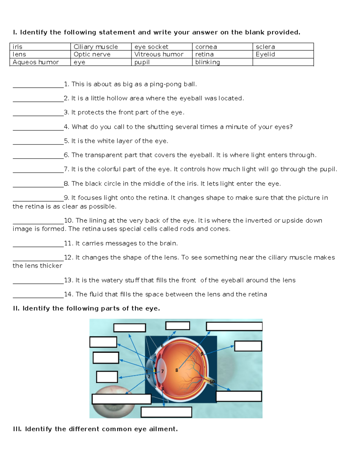 QUIZ IN Science- Parts OF THE EYE - I. Identify the following statement ...