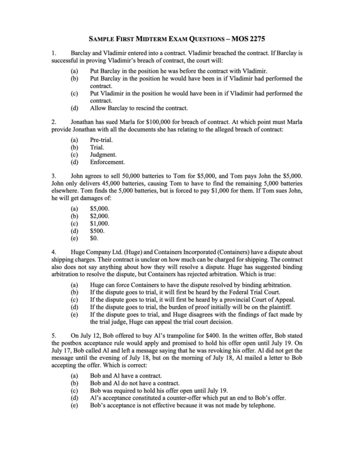 Midterm Exam Sample Questions for MOS 2275 - Studocu