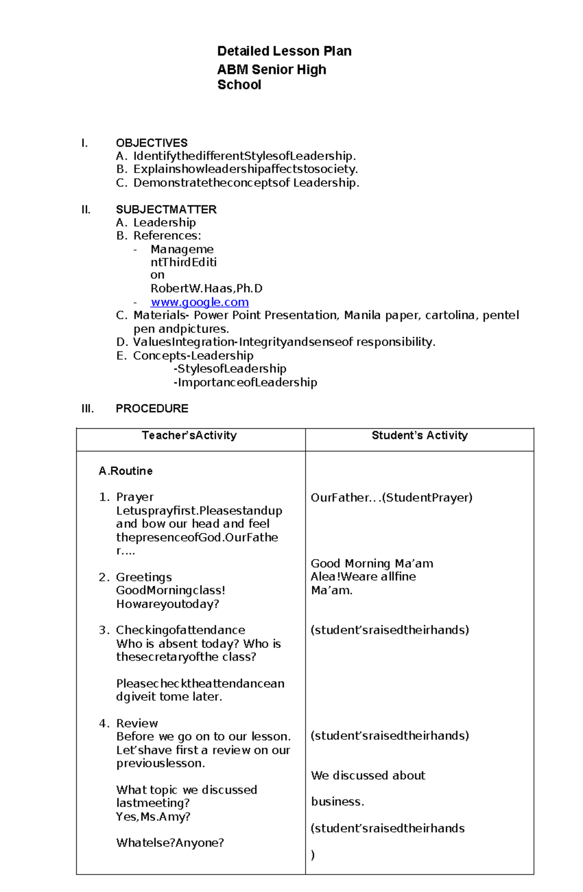 Daily Lesson Plan on Leadership for ABM Senior High - Studocu