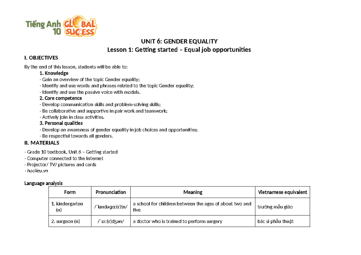 TA10 - Unit 6: Gender Equality Lessons 1-3 Overview and Activities ...