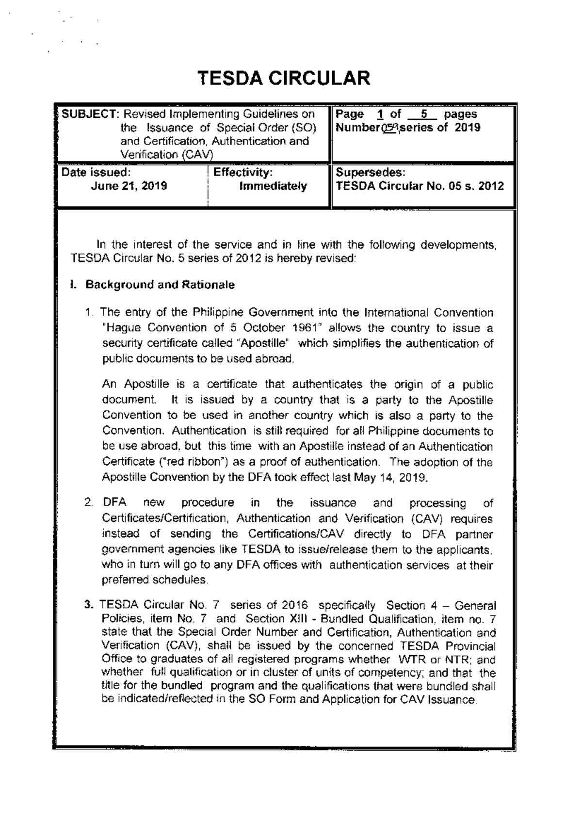Revised TESDA Circular No. 059-2019-1: Special Order & CAV Guidelines ...