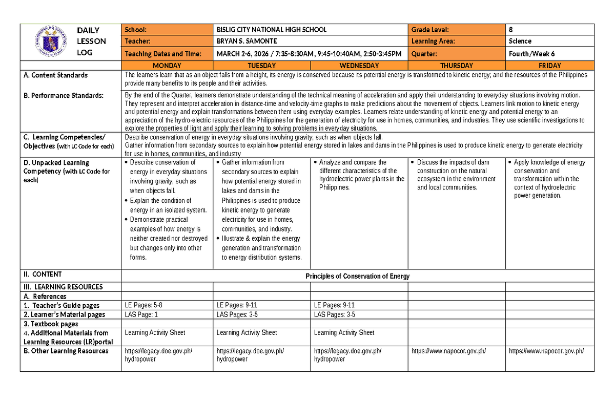 SCI8 Q4 W6 - Daily Lesson Log on Energy Conservation & Hydroelectric ...
