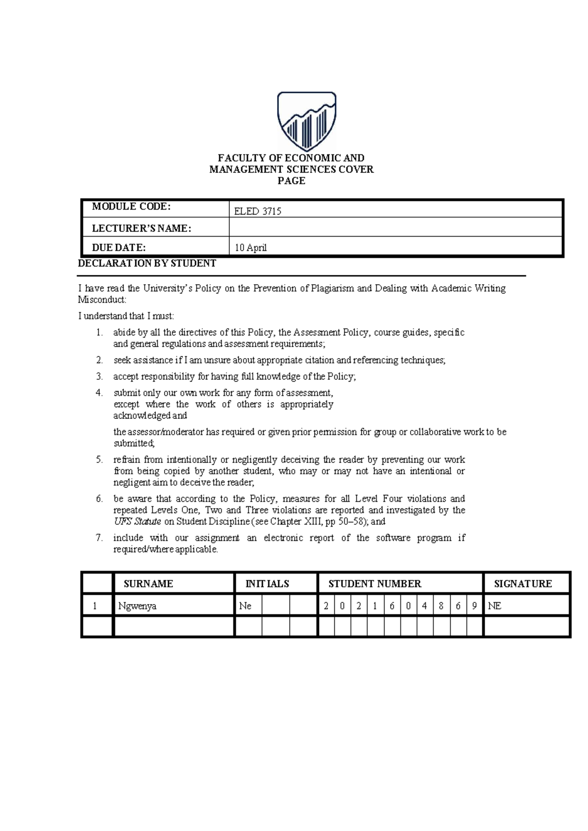 ELED 3715: Cover Page & Tutorial Notes for Assignment - Studocu