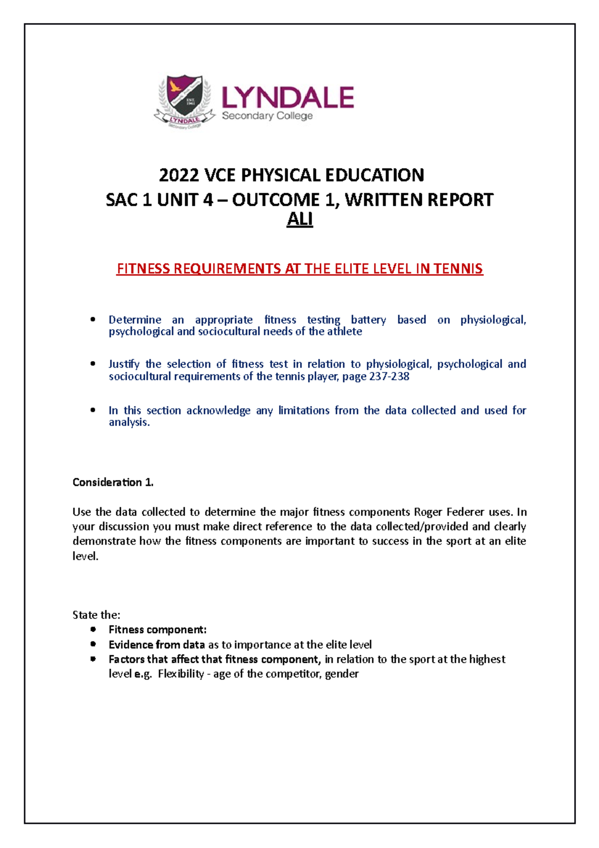 VCE PE SAC 1 Unit 4: Fitness Components & Testing in Elite Tennis - Studocu