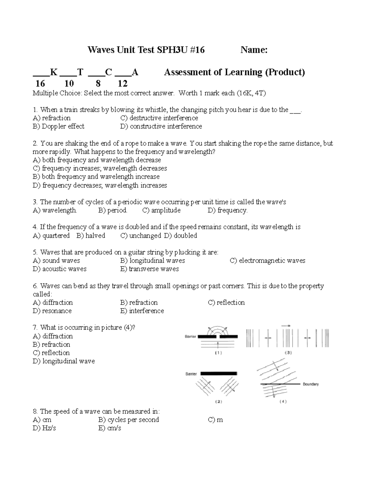 Waves Unit Test SPH3U: Mechanical Waves, Interference & Sound Answers ...