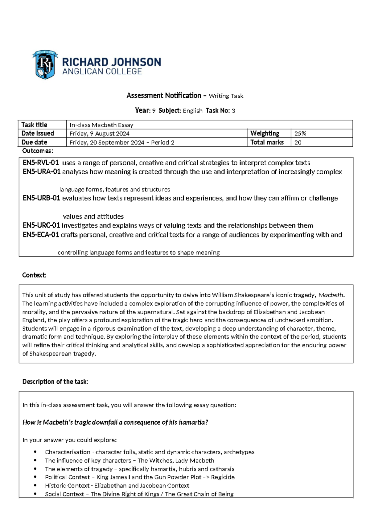 Year 9 - Task 3 - In-Class Essay Assessment on MACBETH (2024) - Studocu