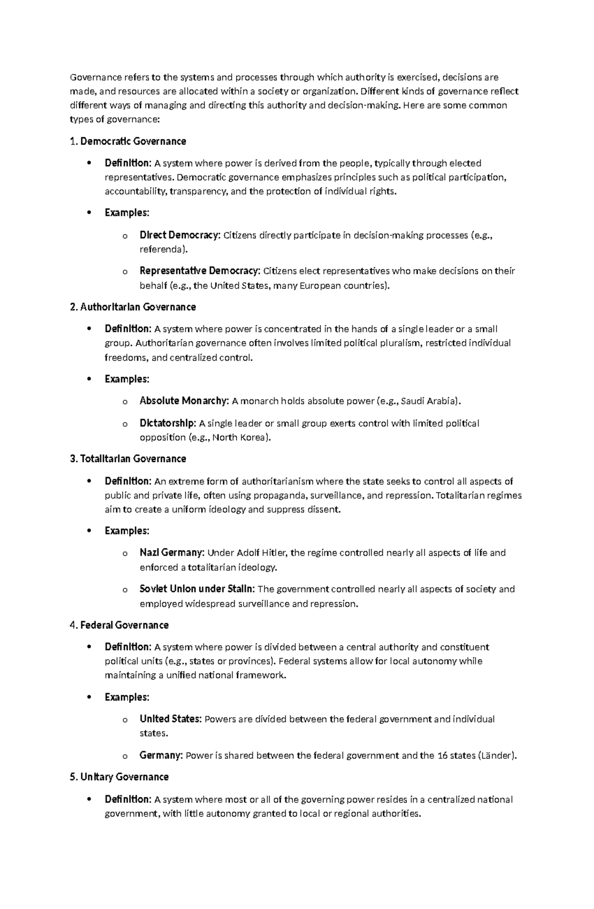 Types of Governance: Definitions and Examples for Study - Studocu