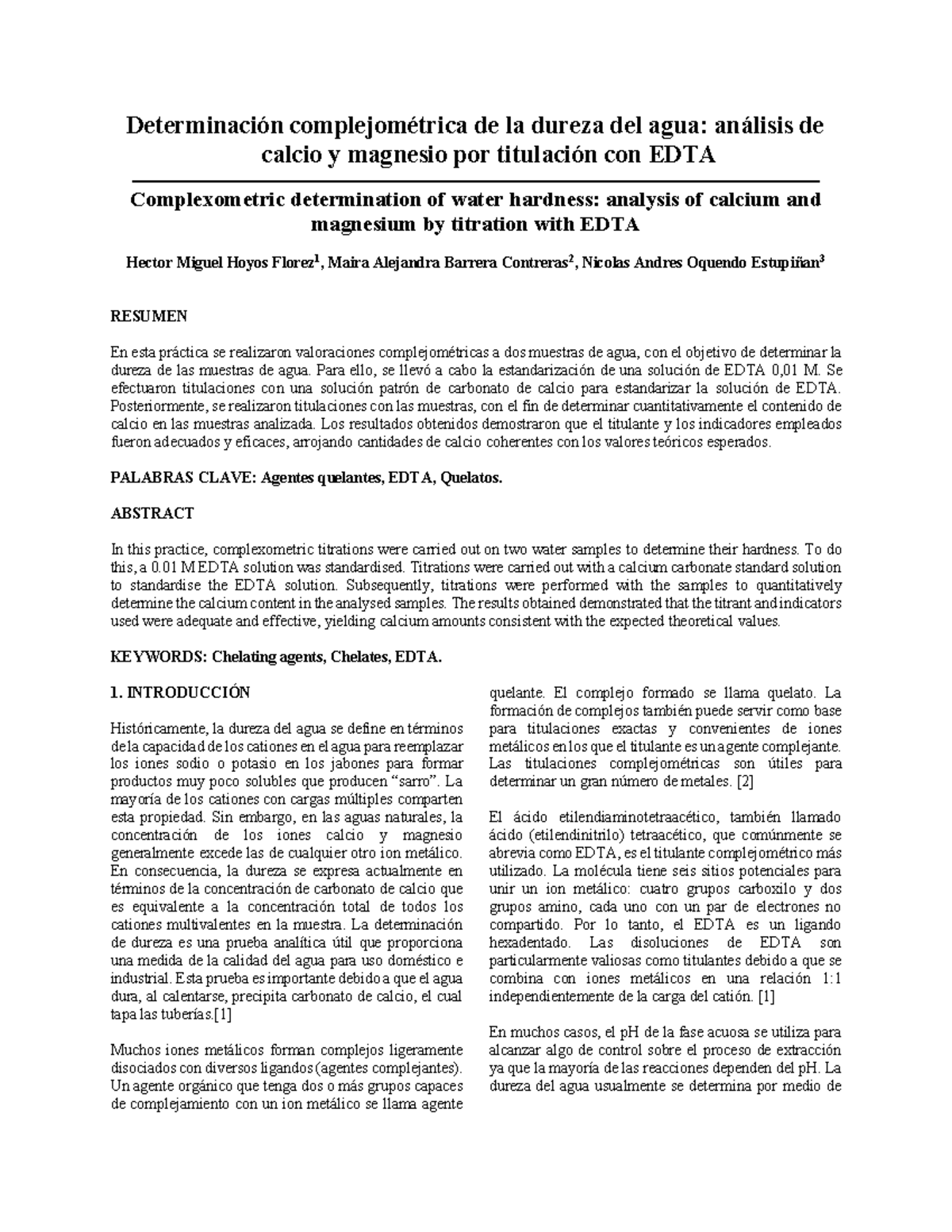 Informe 8: Determinación Complejométrica de Dureza del Agua con EDTA ...