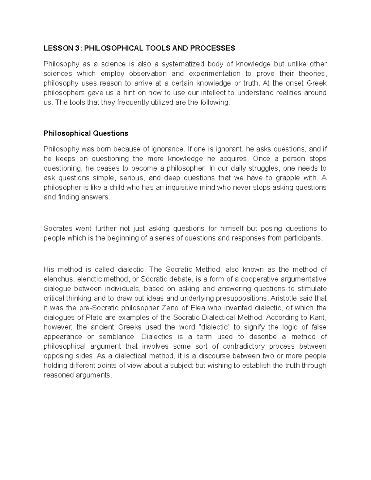 Lesson 3 Philosophical Tools AND Processes - LESSON 3: PHILOSOPHICAL ...
