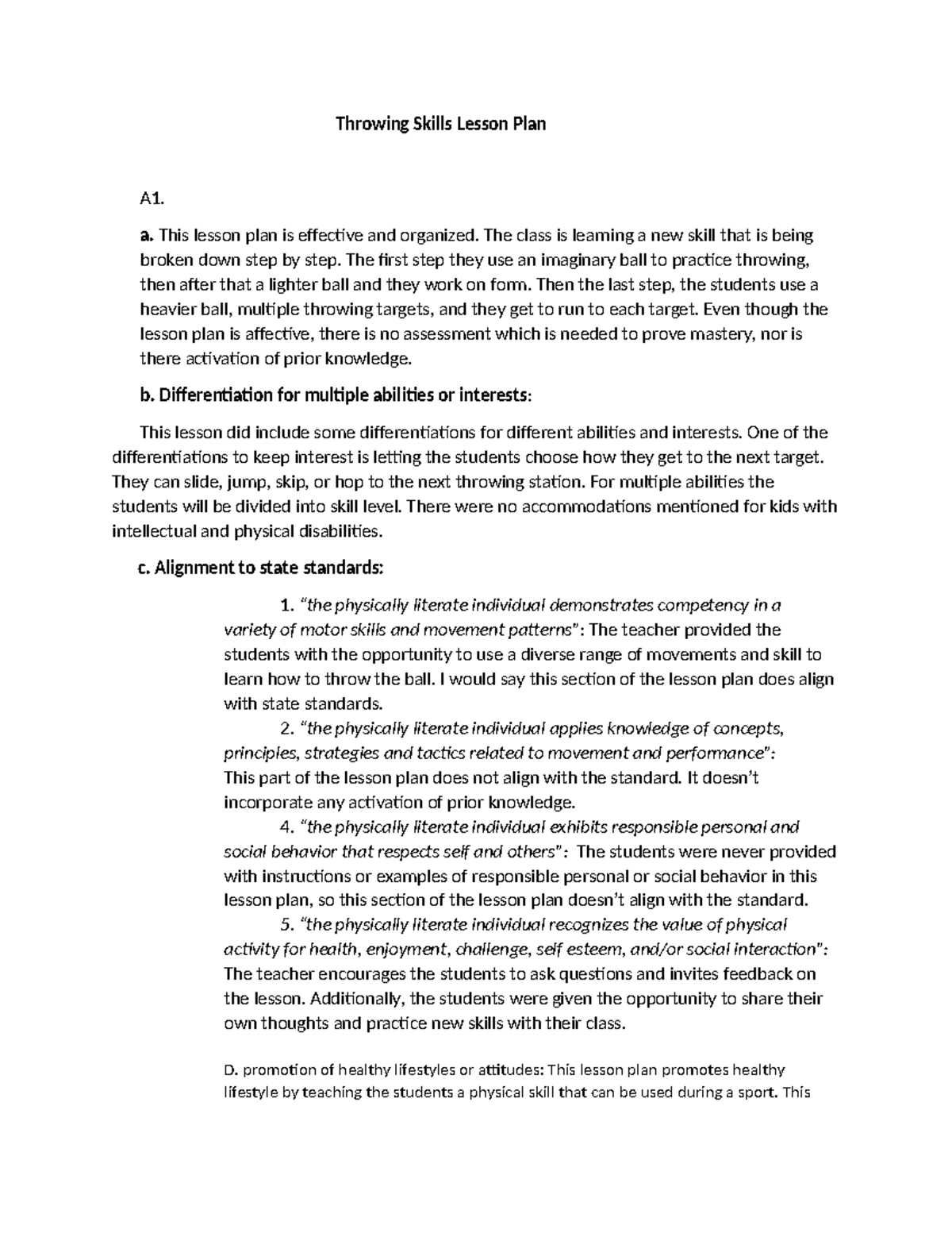 Hpetask (1) - Passed - Throwing Skills Lesson Plan A1. a. This lesson ...