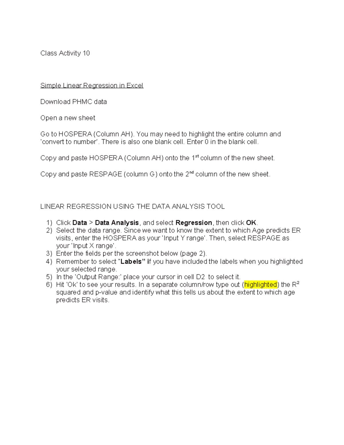 In-Class Activity: Simple Linear Regression in Excel (PHMC Data) - Studocu