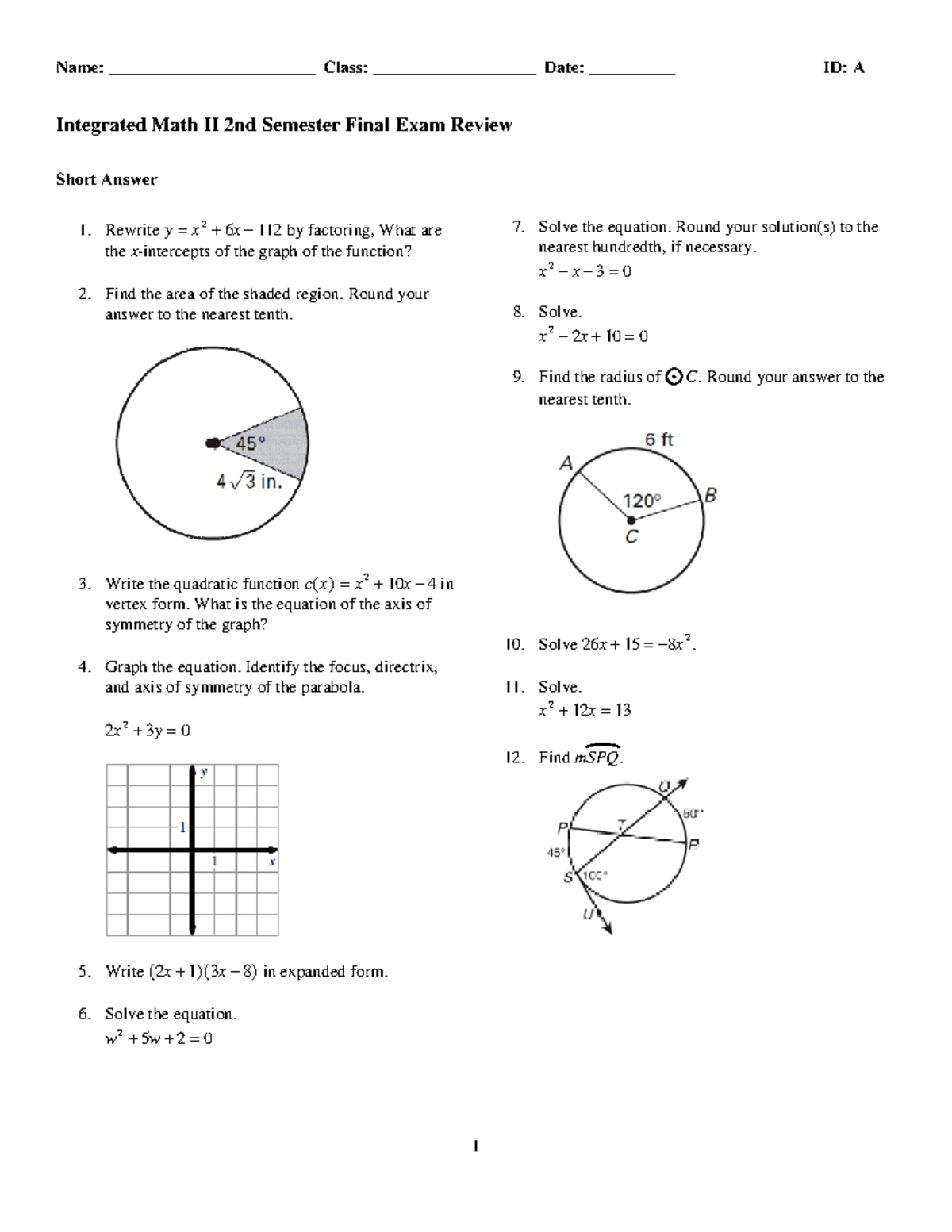 Integrated Math II - 2nd Sem Final Exam Review Questions 2018 - Studocu