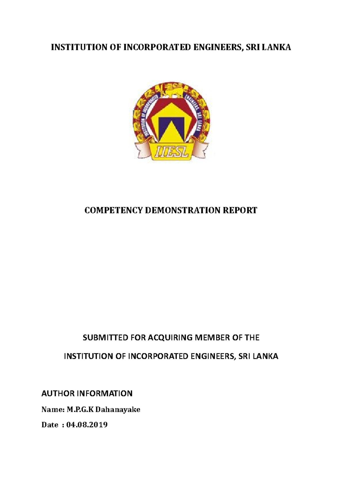 Competency Demonstration Reportfinal.docx -Gayan - INSTITUTION OF ...