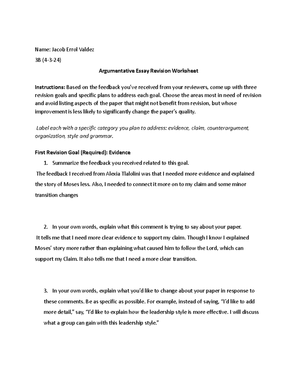 3B Argumentative Essay Revision Goals and Plans - Studocu