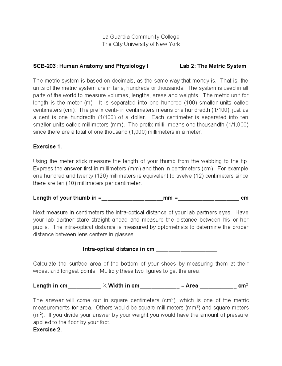 Human Anatomy & Physiology I Lab 2: Metric System Overview 2025 - Studocu