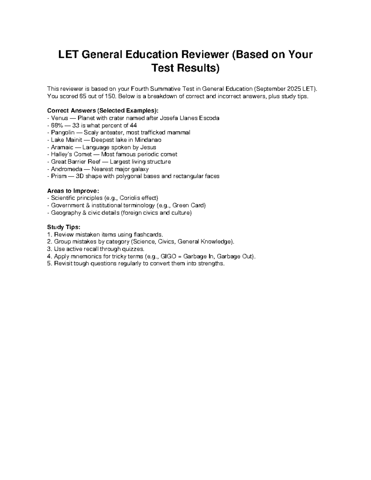 LET Gen Ed Reviewer: Fourth Summative Test Insights & Tips - Studocu