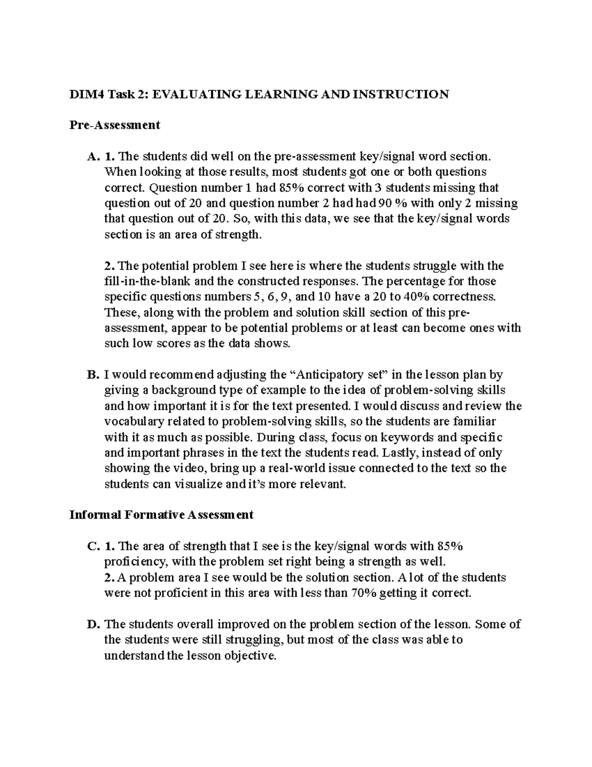 DIM4 TASK 2: ASSESSING STUDENT LEARNING AND INSTRUCTION STRATEGIES ...