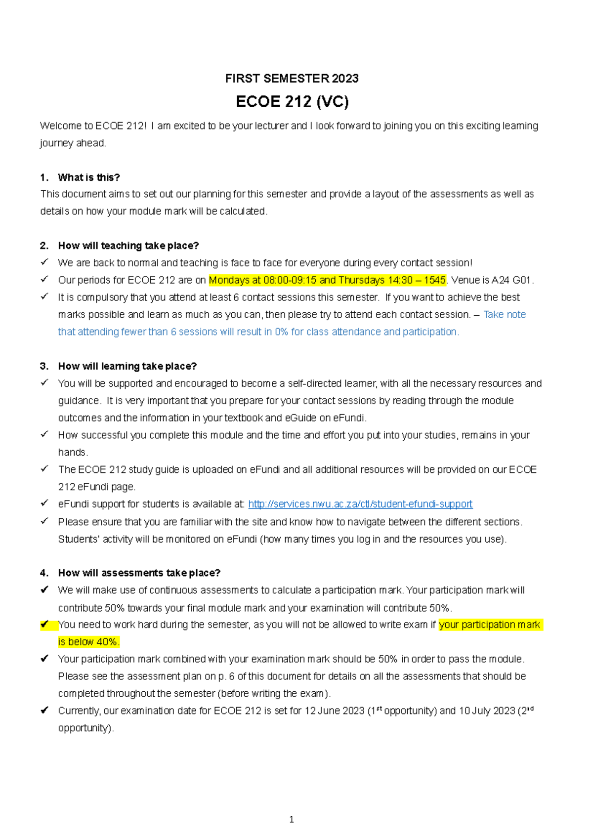 ECOE 212 Module plan 2023 Preliminary - FIRST SEMESTER 2023 ECOE 212 ...