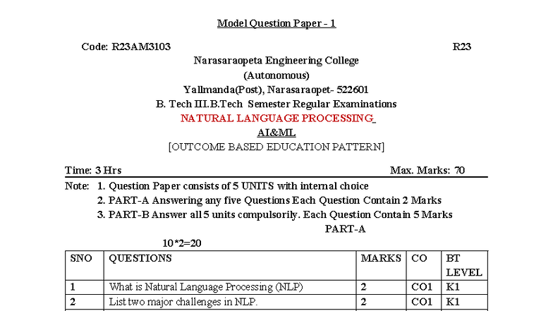 NLP Important Questions & Model Question Paper R23AM3103 - Studocu