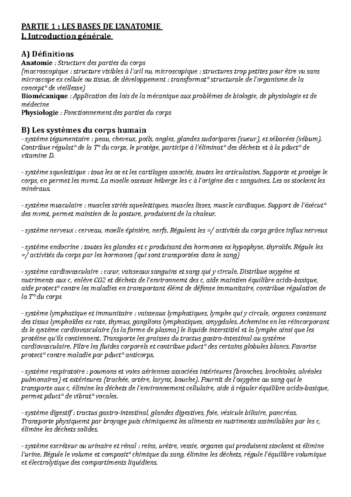 Les bases de l'anatomie - PARTIE 1 : LES BASES DE L’ANATOMIE I. Introduction générale A ...