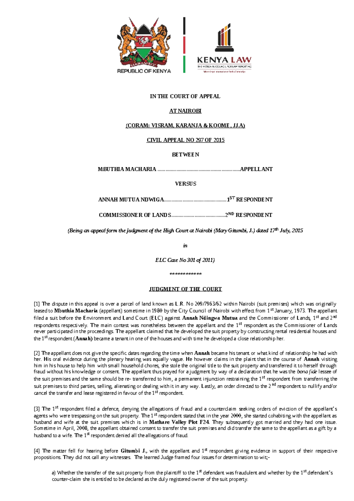 Civil Appeal No. 297 of 2015: Mbuthia Macharia v Annah Mutua Ndwiga ...