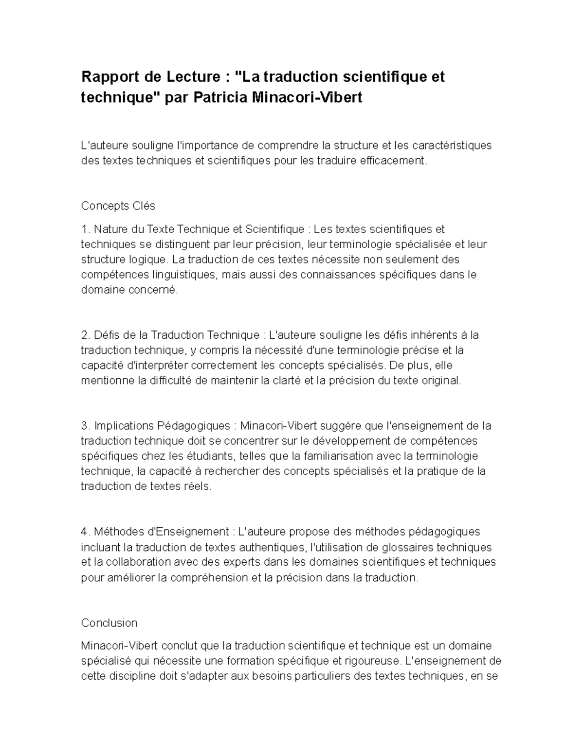 Rapport de Lecture 1 : Traduction Scientifique et Technique - Studocu